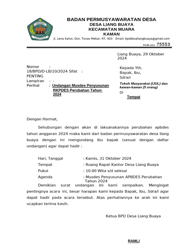Undangan Musdes Penyusunan RKPDes 2024 | PDF