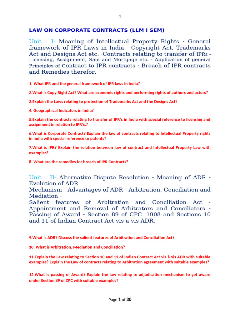 Corporate Contracts and IPR in India | PDF | Alternative Dispute ...