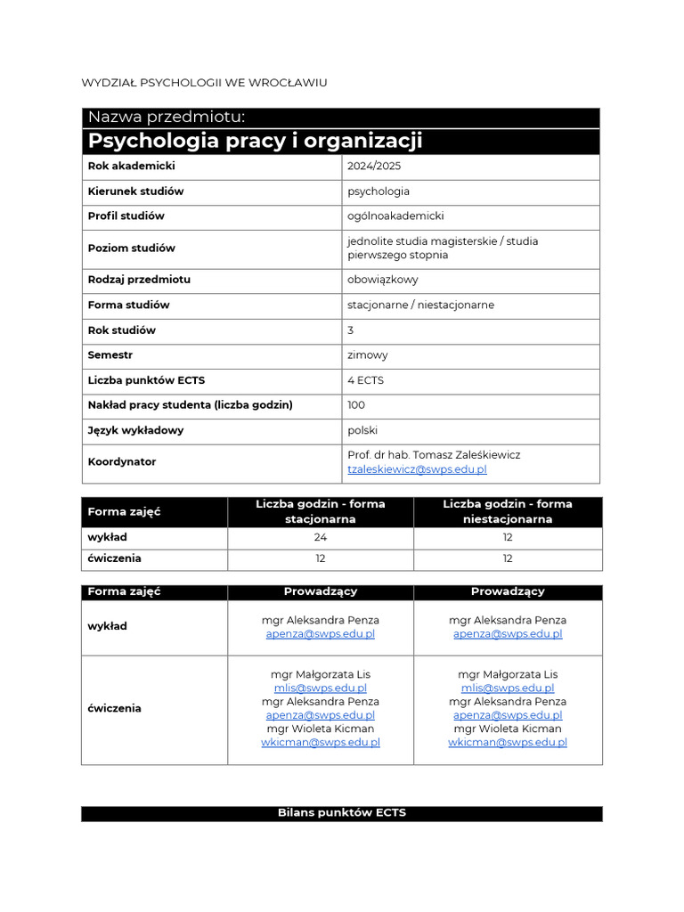 Psychologia Pracy I Organizacji: Nazwa Przedmiotu | PDF