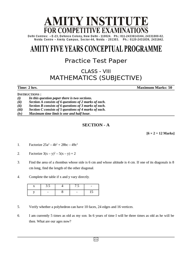 Practice paper Class 8 | PDF | Area | Rectangle