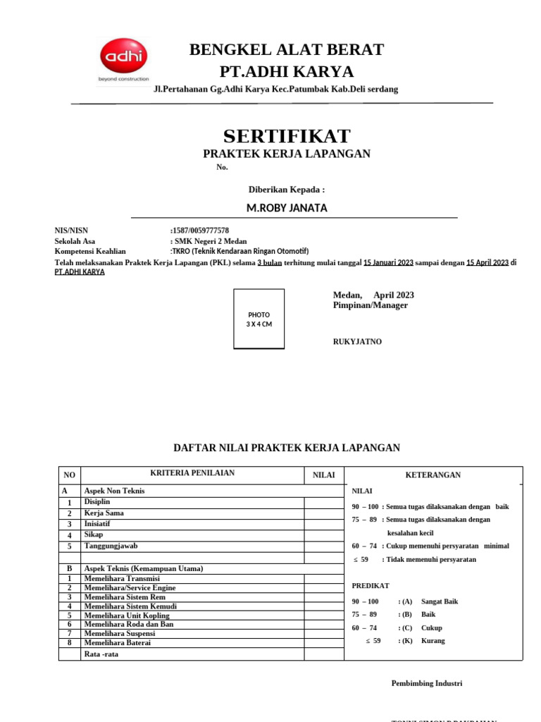 Sertifikat PKL - Muhammad Robby XI TKR 1 - PT. ADHI KARYA - Word 97-2003 | PDF