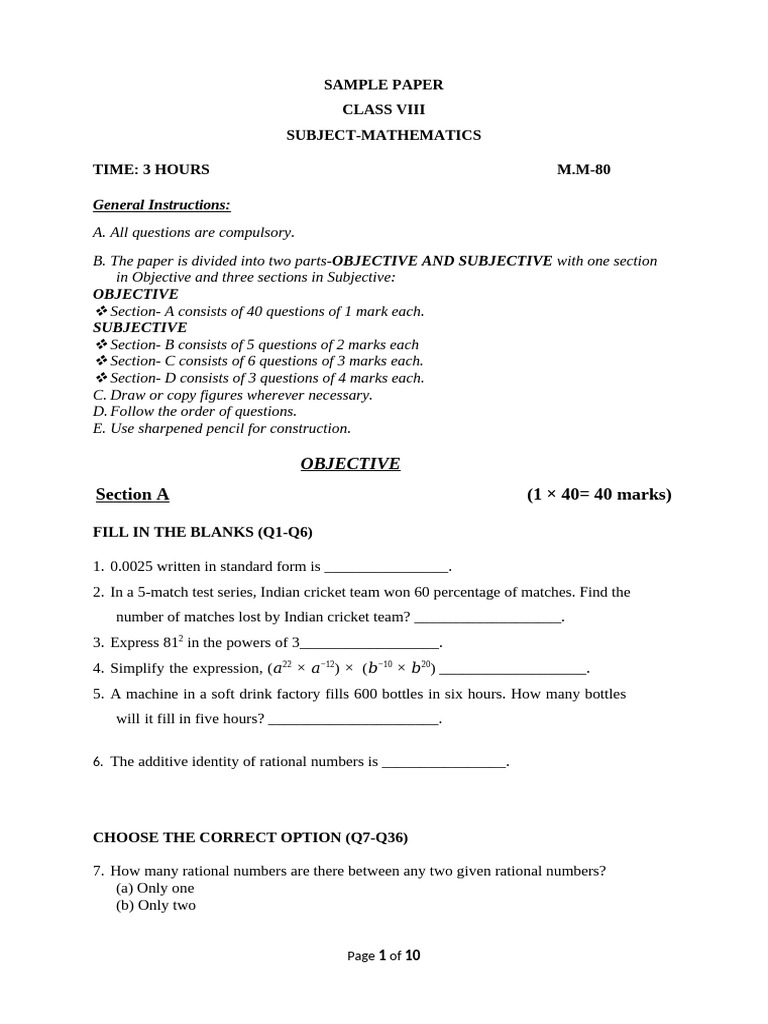 c73fd - CLASS 8 - MATH - SAMPLE PAPER - T1 | PDF | Euclidean Geometry ...
