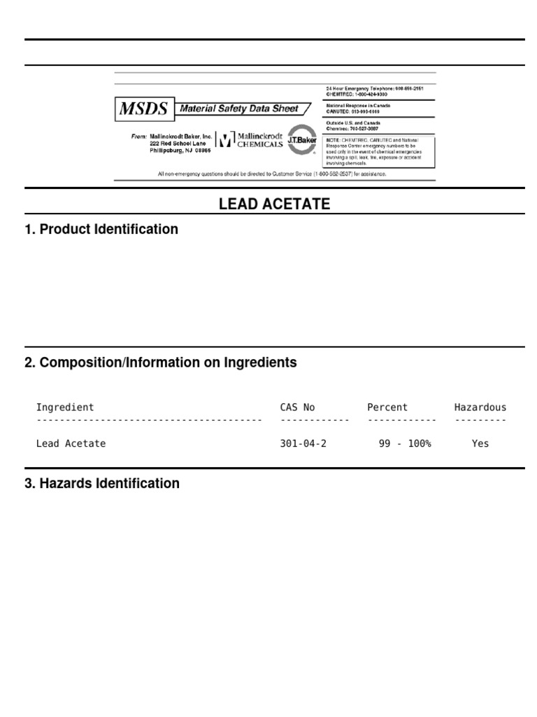 Lead Acetate Safety Sheet | PDF | Lead | Waste