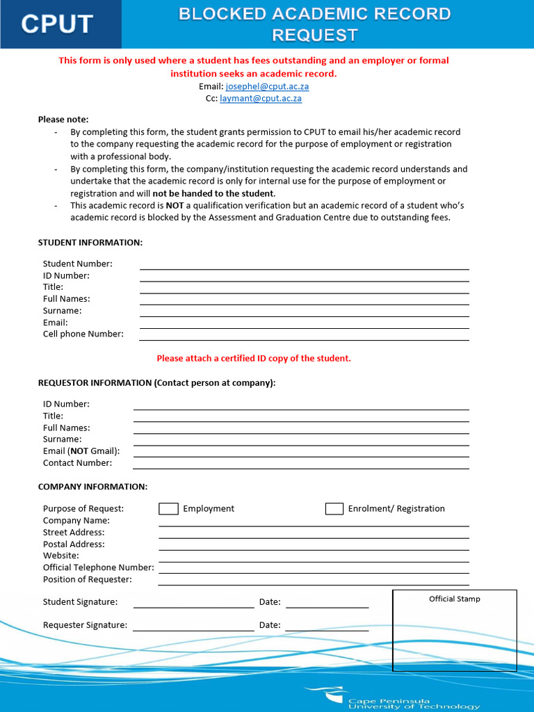 CPUT Blocked Academic Record Request Form | PDF | Career & Growth