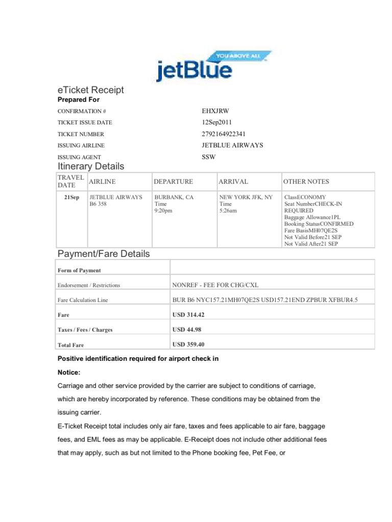 JetBlue Eticket Receipt (Test) | PDF