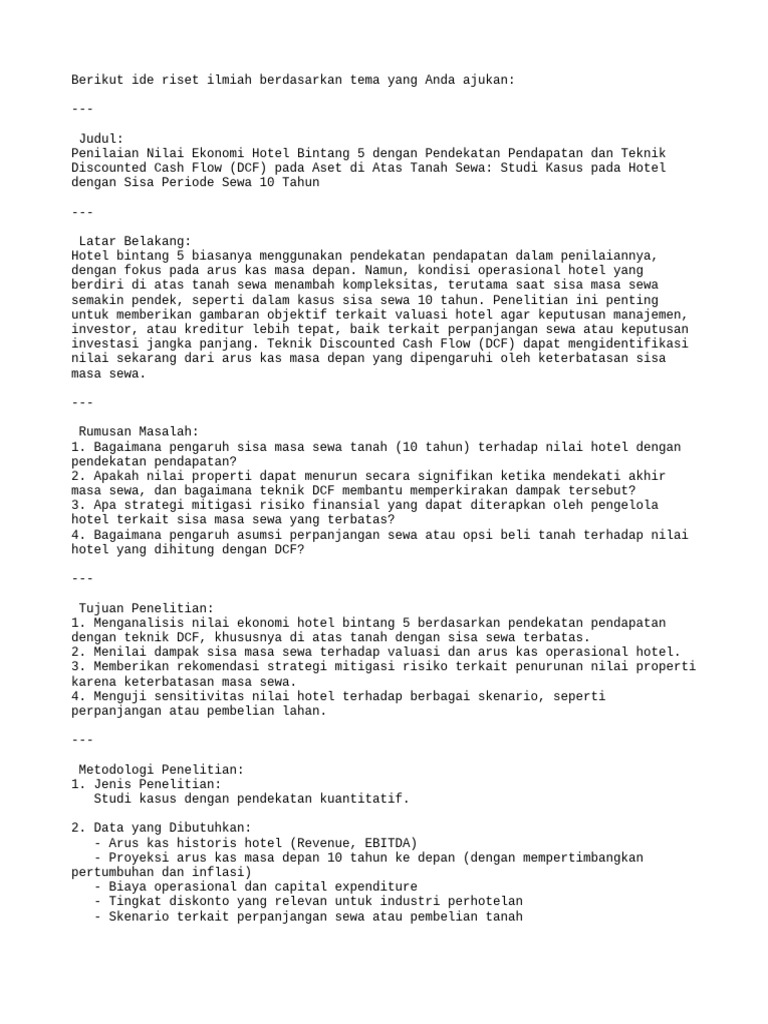 Penilaian Nilai Ekonomi Hotel Bintang 5 Dengan Pendekatan Pendapatan ...