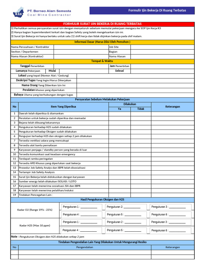 Formulir Ijin Kerja Ruang Terbatas | PDF
