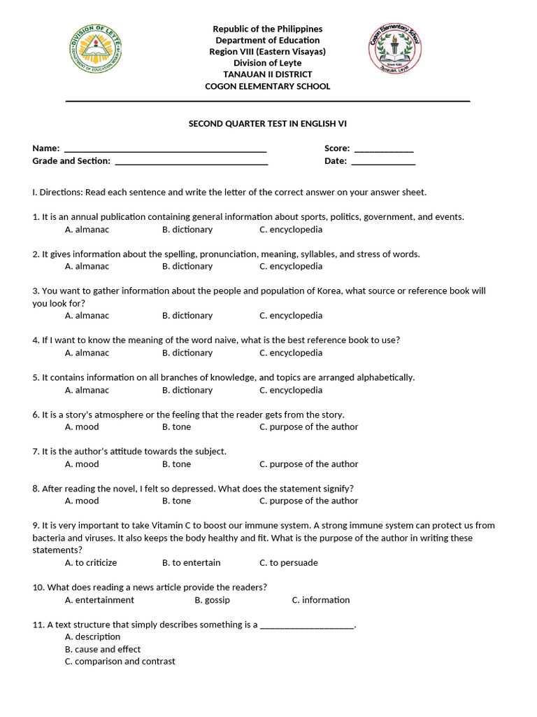 2nd Quarter Test in English | PDF | Encyclopedias | English Language