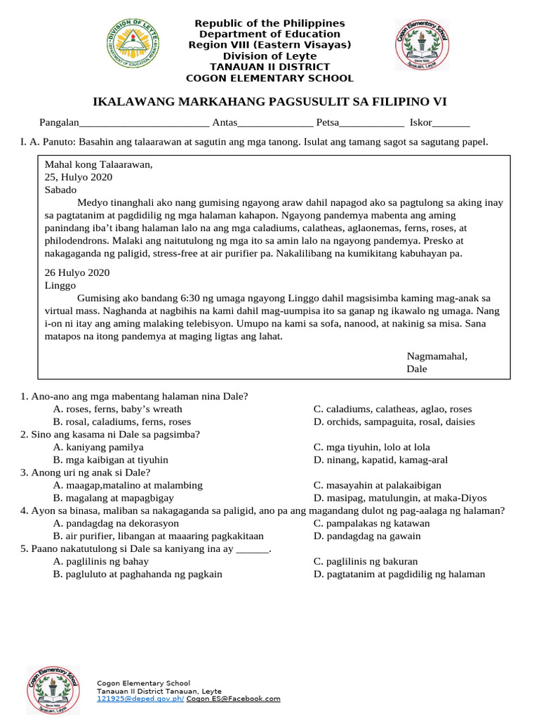 Ikalawang Markahan Pagsusulit Sa Filipino Vi | PDF