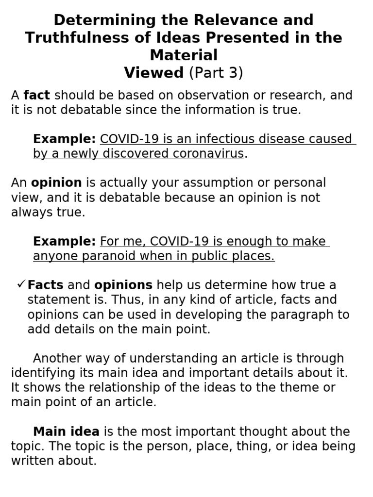Determining The Relevance and Truthfulness of Ideas Presented in The ...