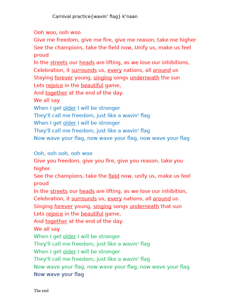 Wavin' Flag Carnival Practice Lyrics | PDF | Art