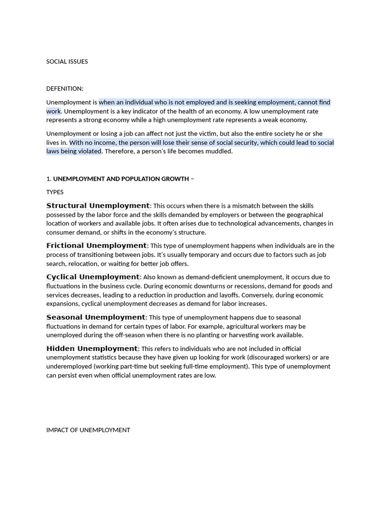 Social Issues | PDF | Unemployment | Poverty