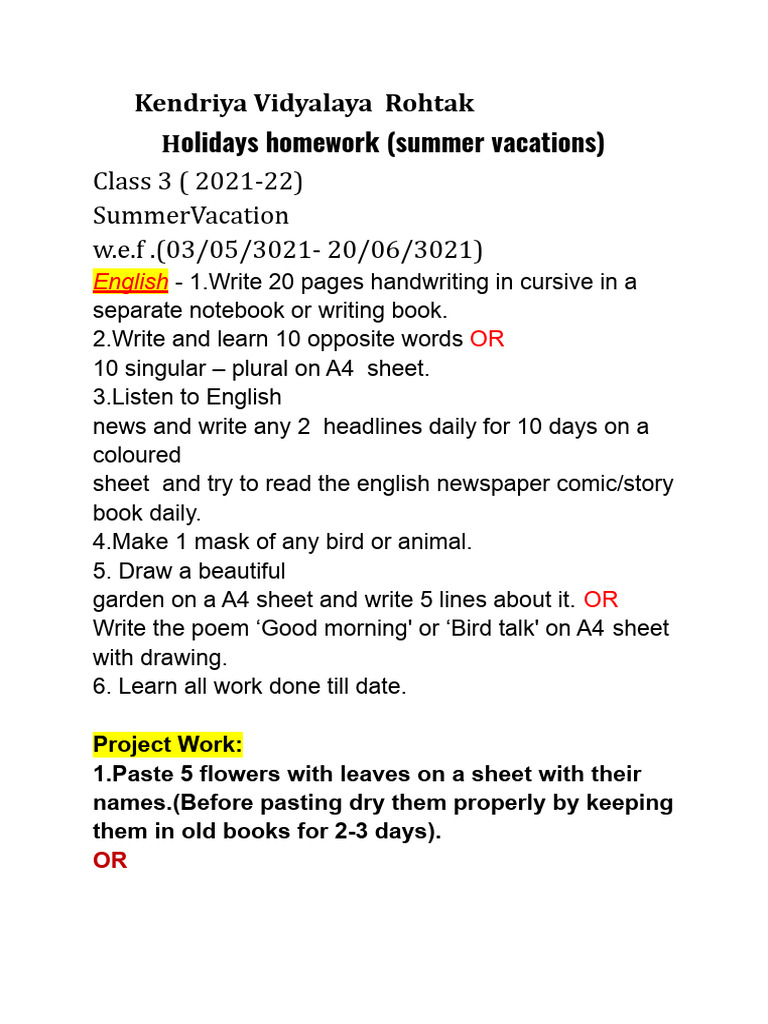 Class 3 Summer Holidays Homework | PDF | Birds