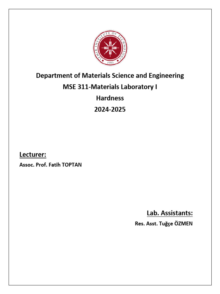 MSE311-Hardness Fall24 Experiment Sheet | PDF | Hardness | Mechanical ...