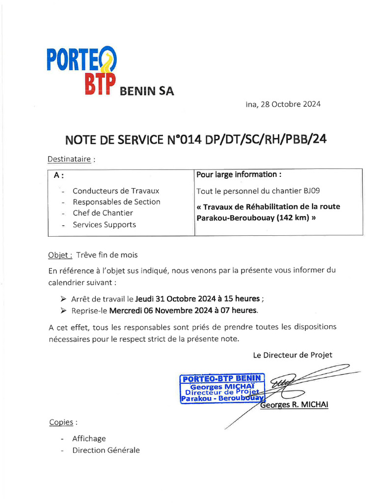 Bj09 Note de Service Treves Fin Octobre 2024 | PDF