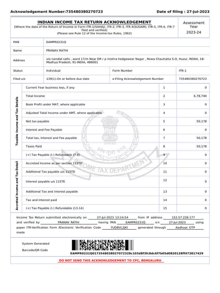 ITR Receipt FY 22-23 | PDF | Taxes | Income Tax