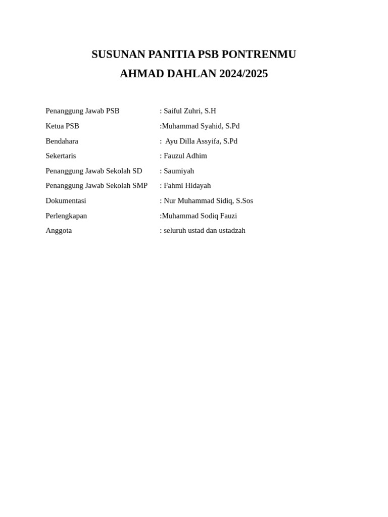 Susunan Panitia PSB Pontrenmu 2024 | PDF