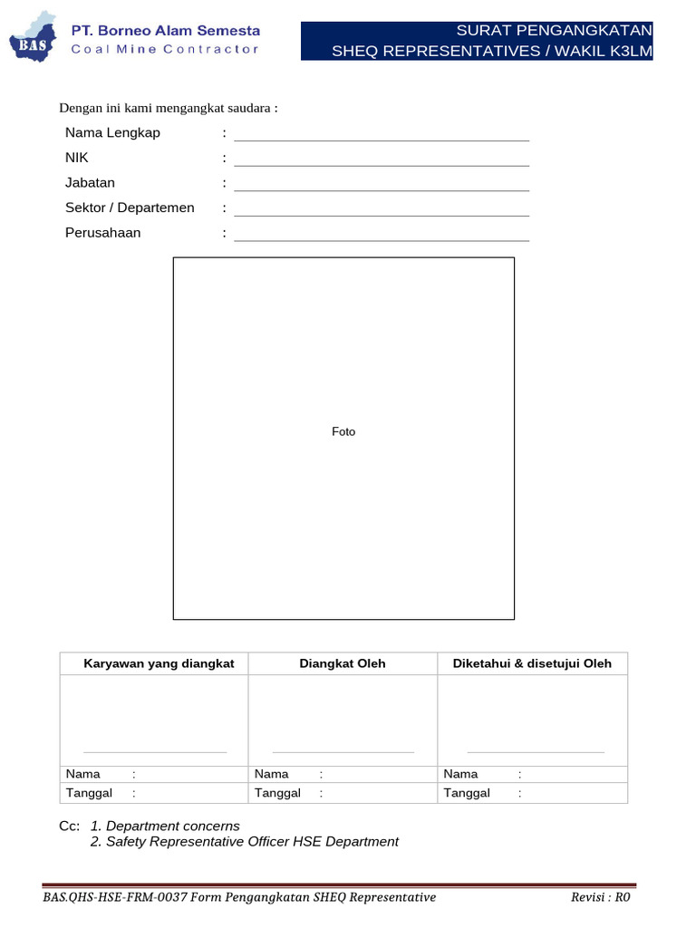 BAS - QHS-HSE-FRM-0037 Form Pengangkatan SHEQ Representative | PDF | Teknologi & Rekayasa