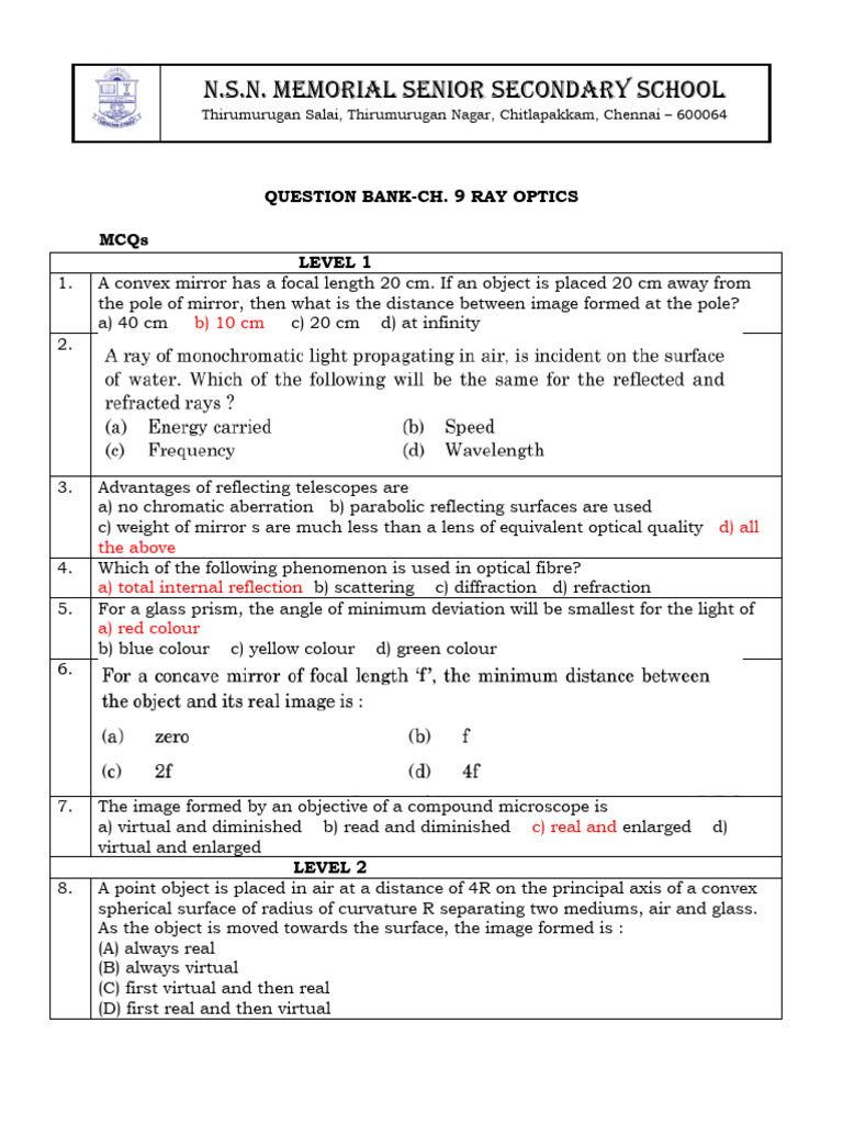 QBank-Ch. 9 RAY OPTICS | PDF | Optics | Refractive Index