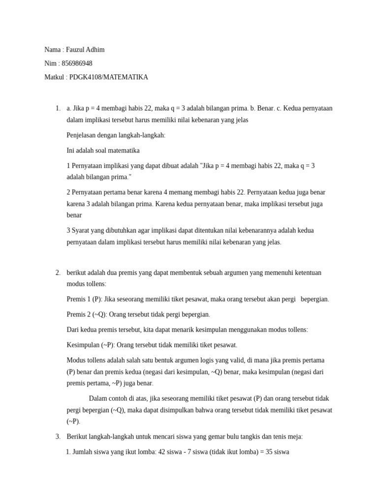 Jawaban Tugas 1 Tuton Matematika | PDF