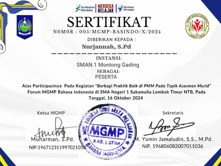 Sertifikat MGMP 2 | PDF