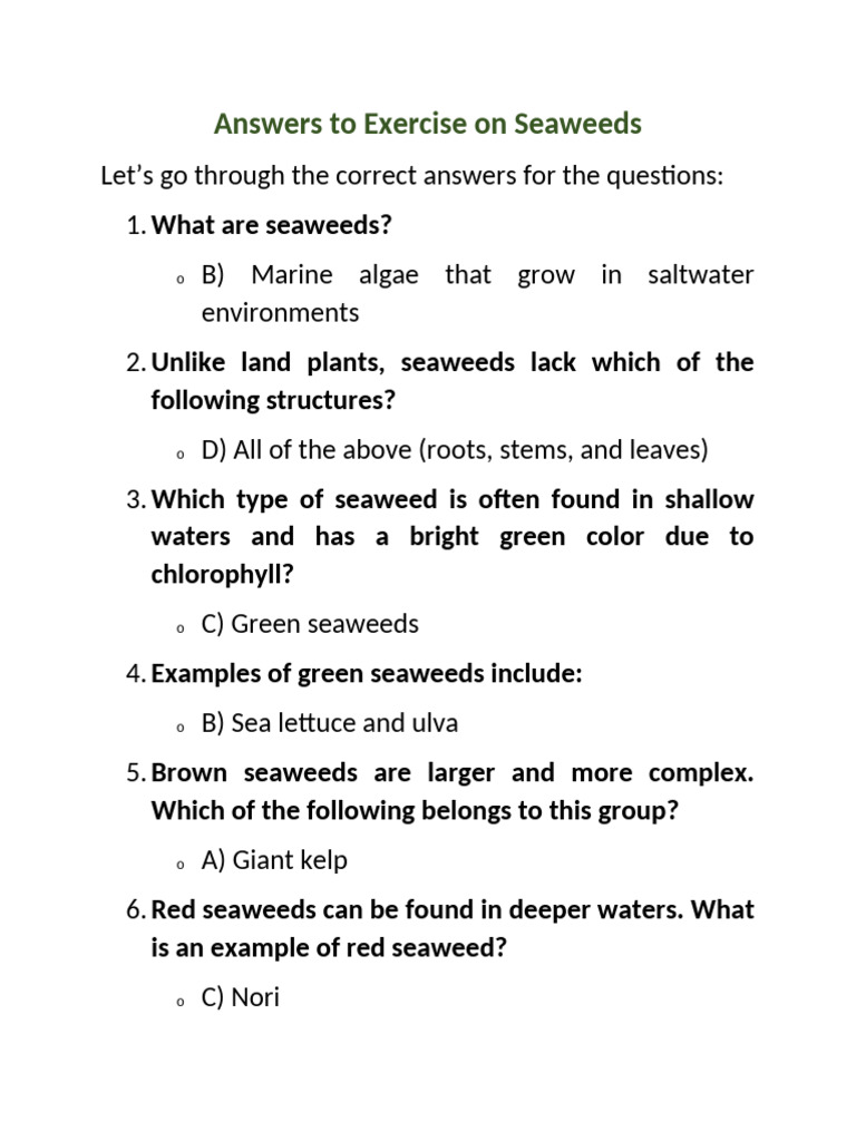 Answers To Exercise On Seaweeds | PDF | Foreign Language Studies