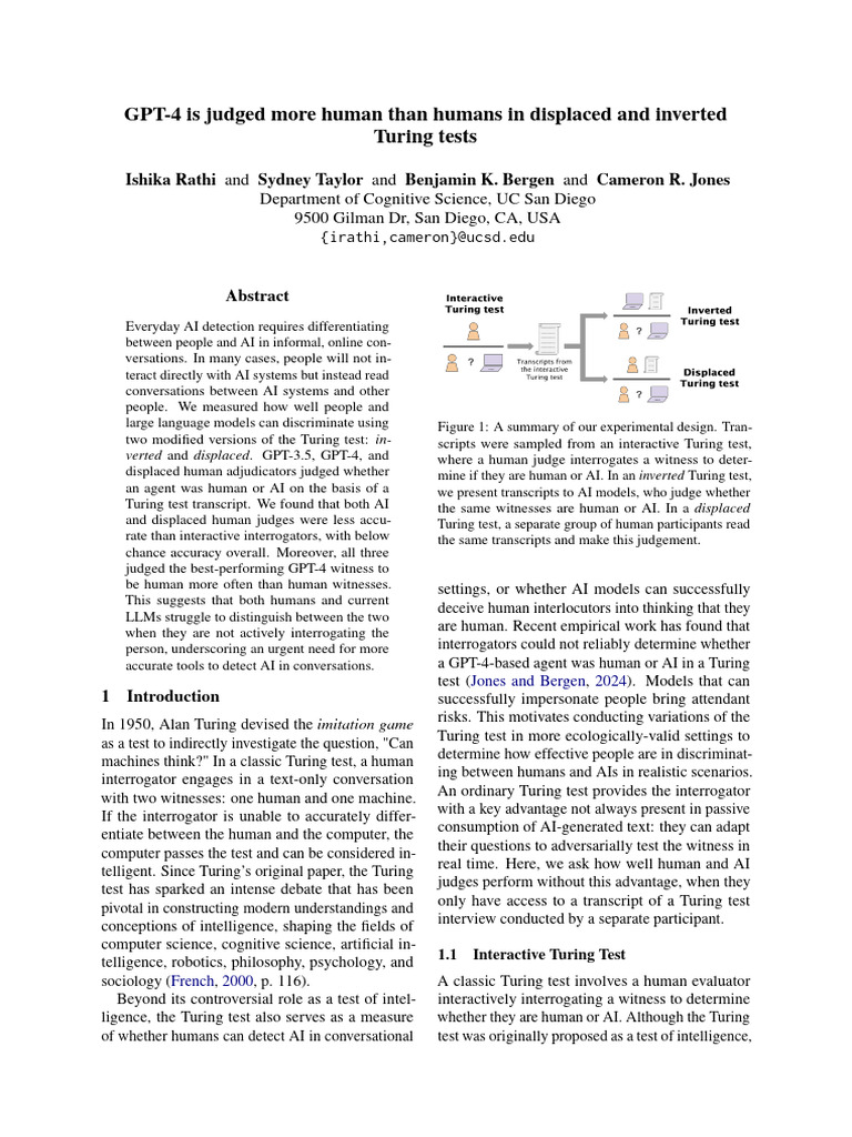 GPT-4 in Displaced Turing Tests | PDF | Cognitive Science | Computing