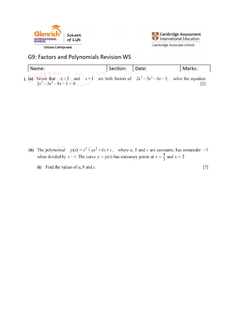 Factors and Polynomials Review Worksheet | PDF