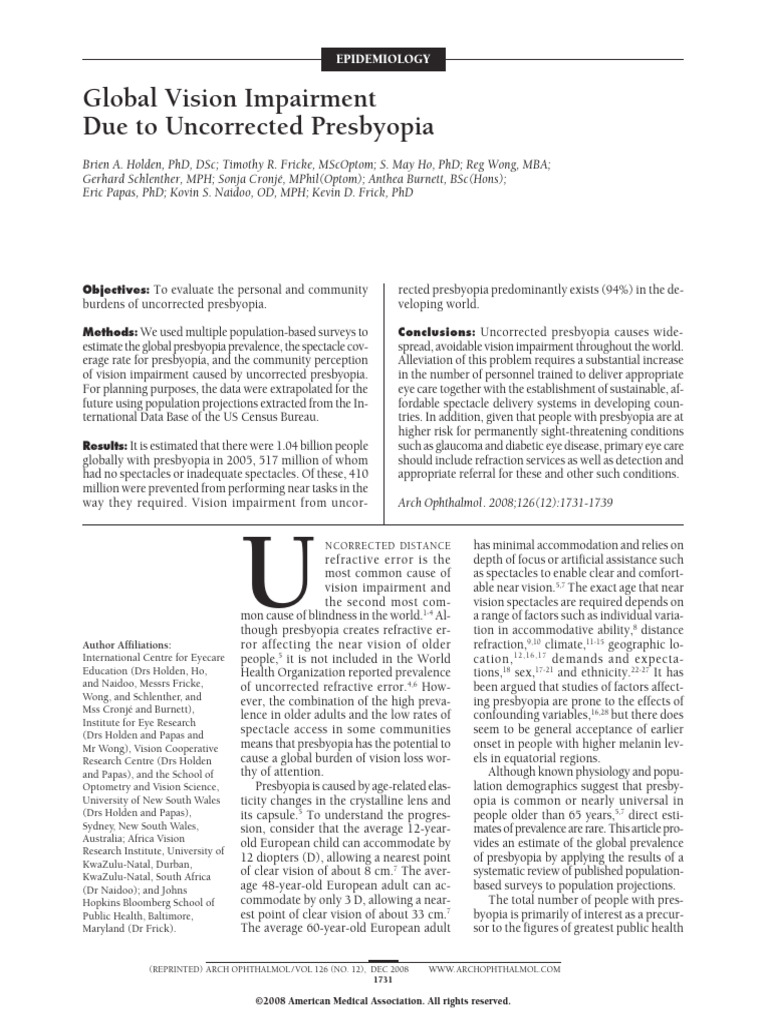 Global Vision Impairment Due To Uncorrected Presbyopia | PDF | Myopia ...