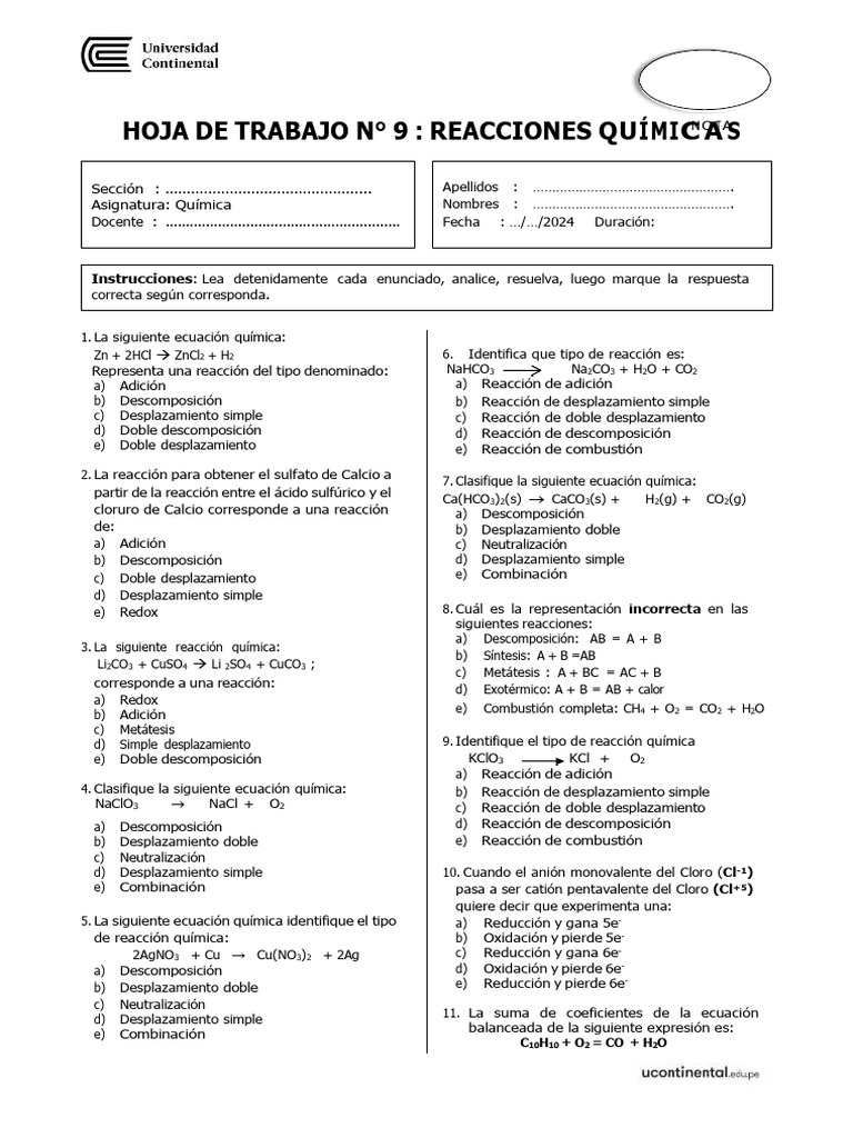 Hoja De Trabajo Con Descripción General De Reacciones Químicas Sofia