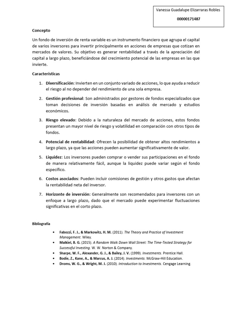 Concepto y Caracteristicas Fondo de Inversión de Renta Variable | PDF