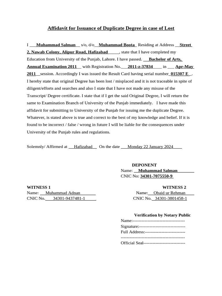 Duplicate Degree Affidavit for Punjab University | PDF | Affidavit ...