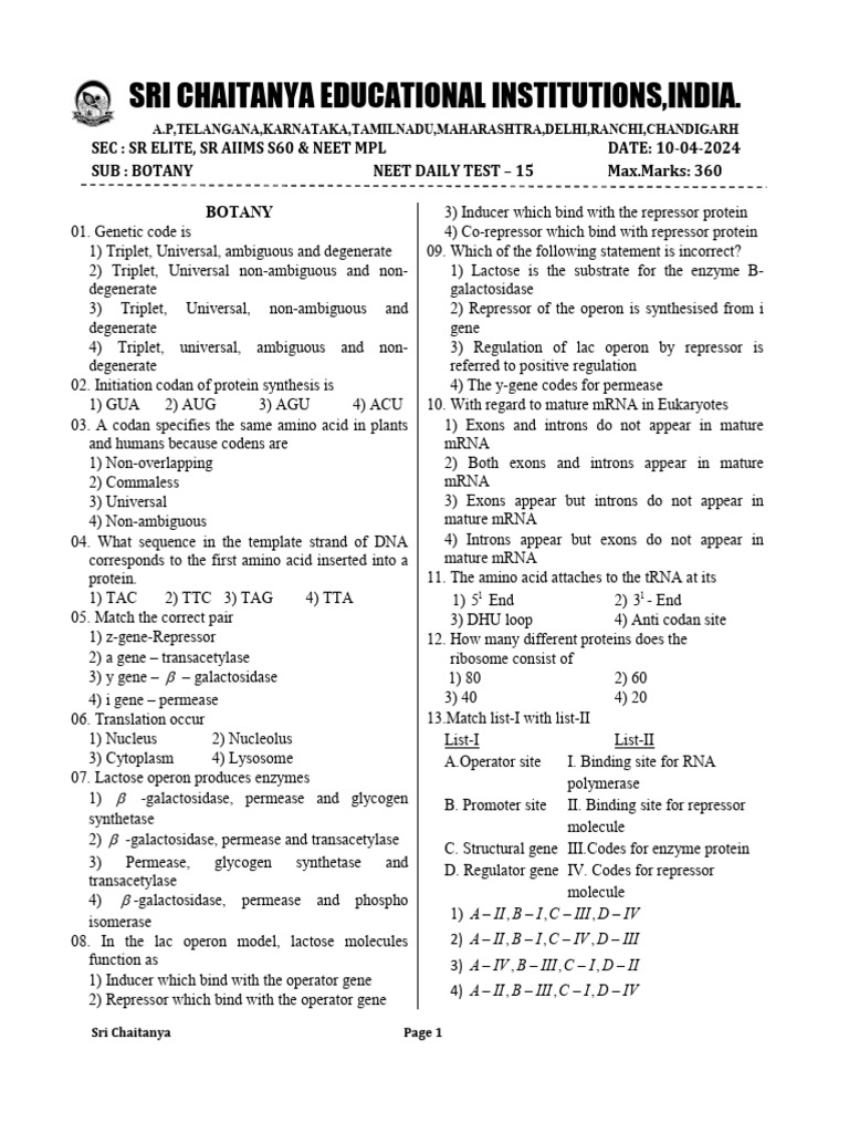SR Elite, SR Aiims s60 & Neet MPL Neet Daily Test - 15 Paper (10!04 ...