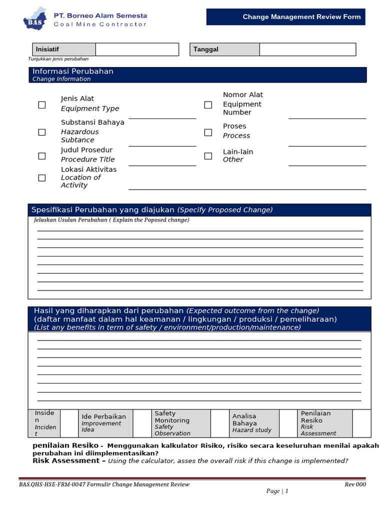 BAS - QHS-HSE-FRM-0047 Change Management Review Form | PDF