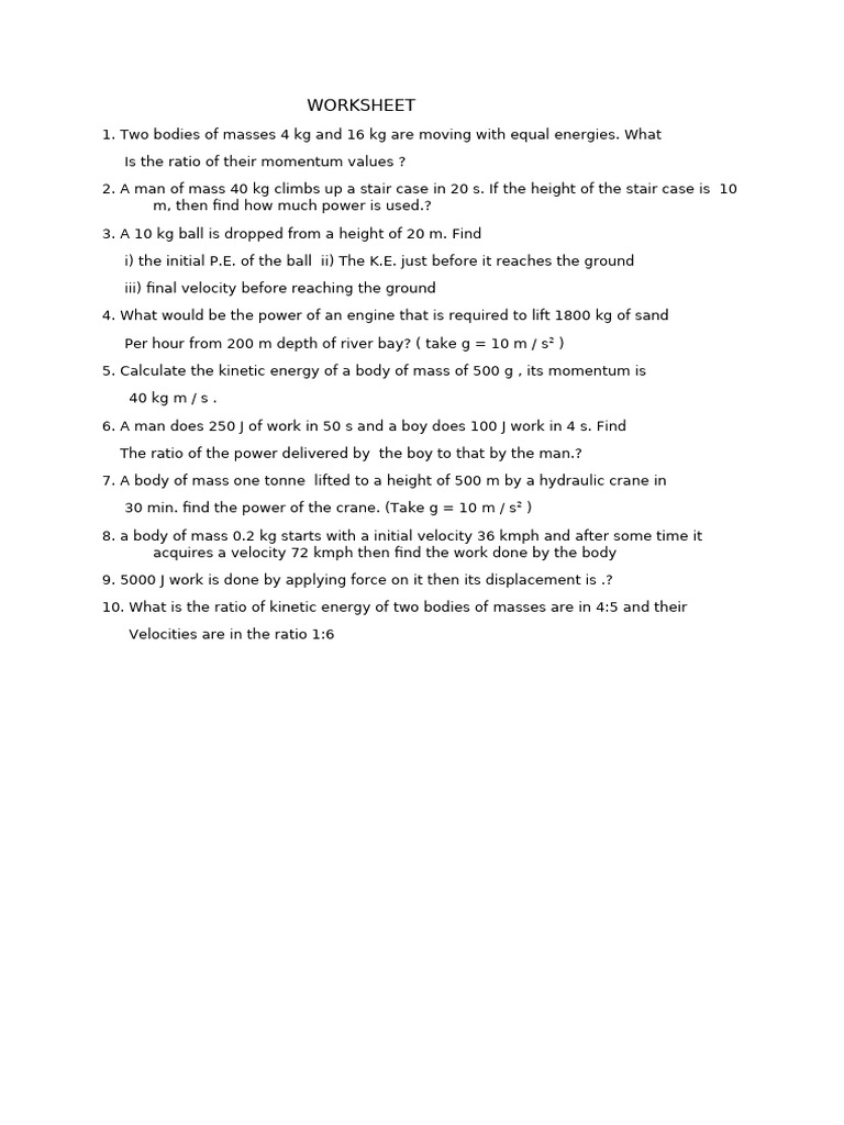 WORKSHEET Class 9 WPRK and Energy | PDF | Science & Mathematics