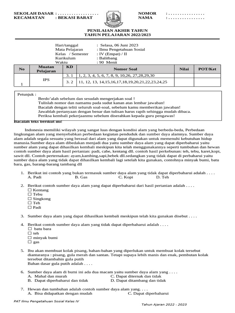 Naskah Soal IPS Kelas 4 | PDF