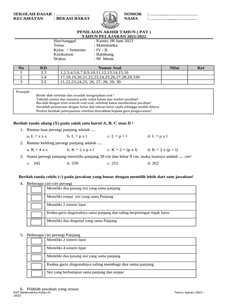Naskah Soal Matematika Kelas 4 | PDF