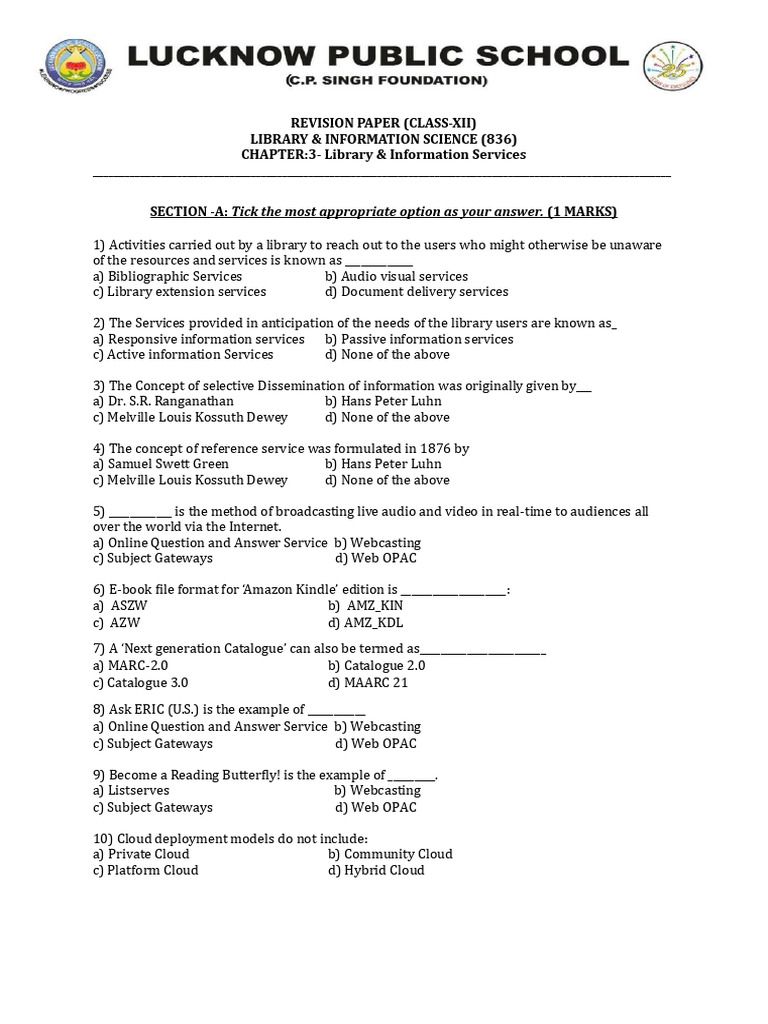 Revision Question Paper Class Xii - CH - 3 (Unit 1,2) | PDF | Cloud Computing | Libraries