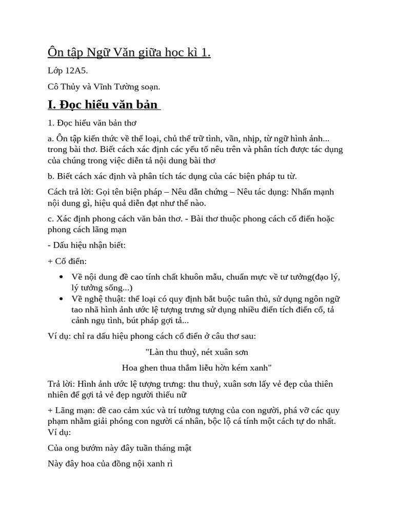 Ôn Tập Ngữ Văn 12a5 GHK1 Vĩnh Tường Soạn | PDF