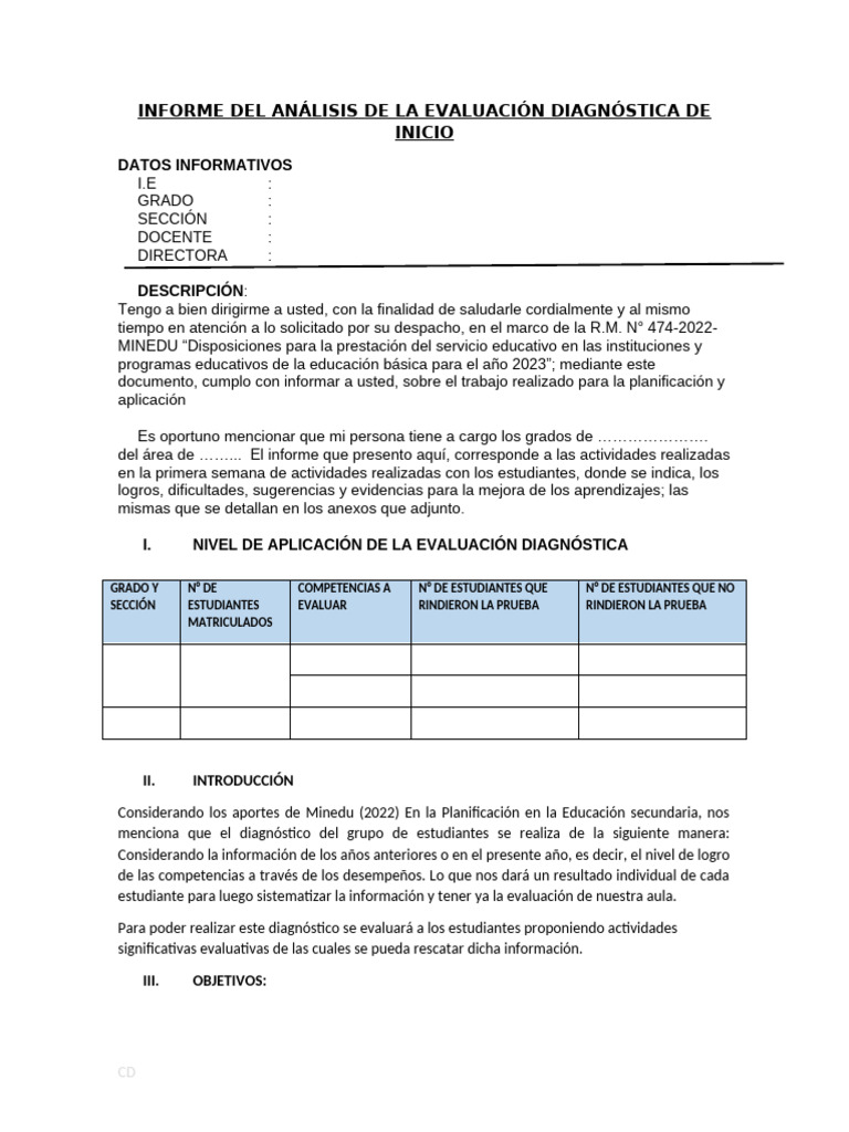 Informe Del Analisis de La Evaluacion Diagnostica de Inicio - 1° | PDF | Evaluación | Aprendizaje