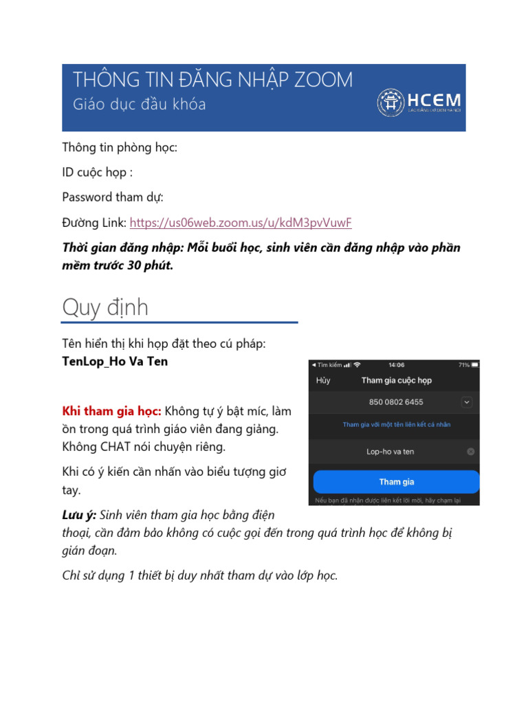 (HCEM) Thong Tin Dang Nhap Zoom - Giao Duc Dau Khoa | PDF