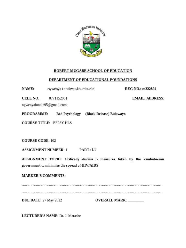m222894 EFPSY HLS 102 NGWENYA LONDIWE SKHUMBUZILE | PDF | Hiv/Aids | Management Of Hiv/Aids