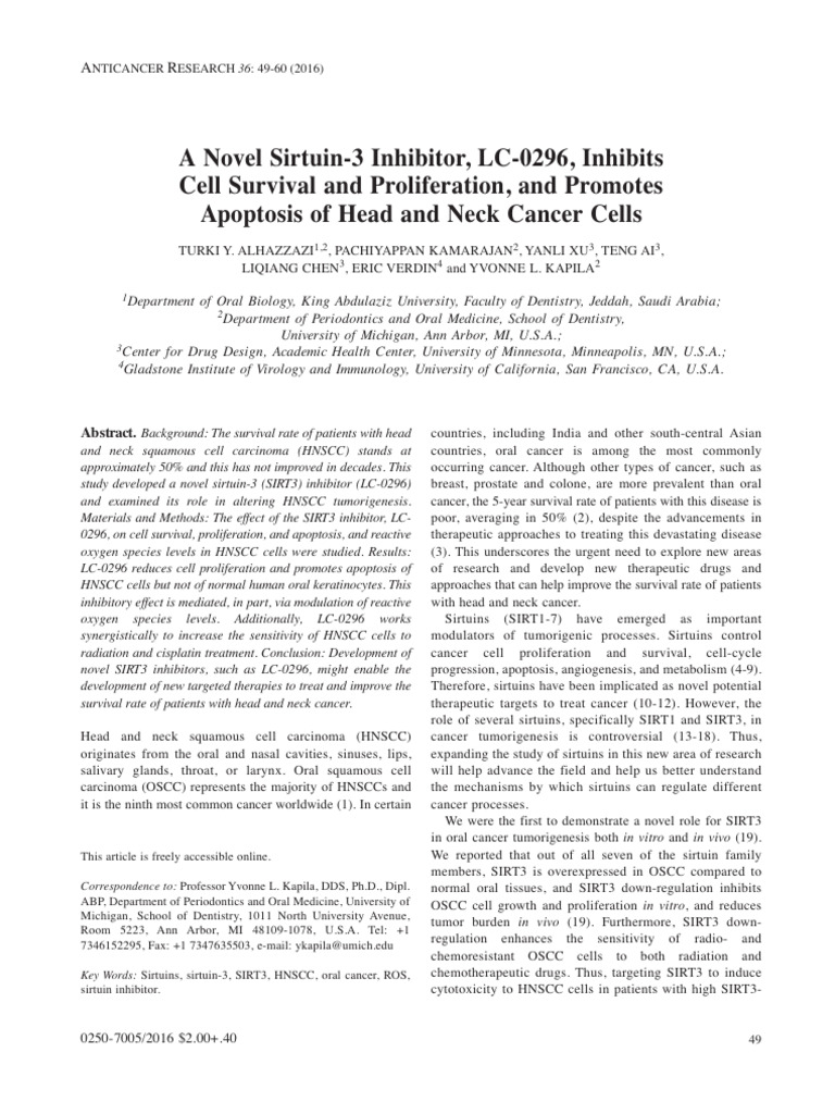 A Novel Sirtuin-3 Inhibitor, LC-0296 | PDF | Reactive Oxygen Species ...