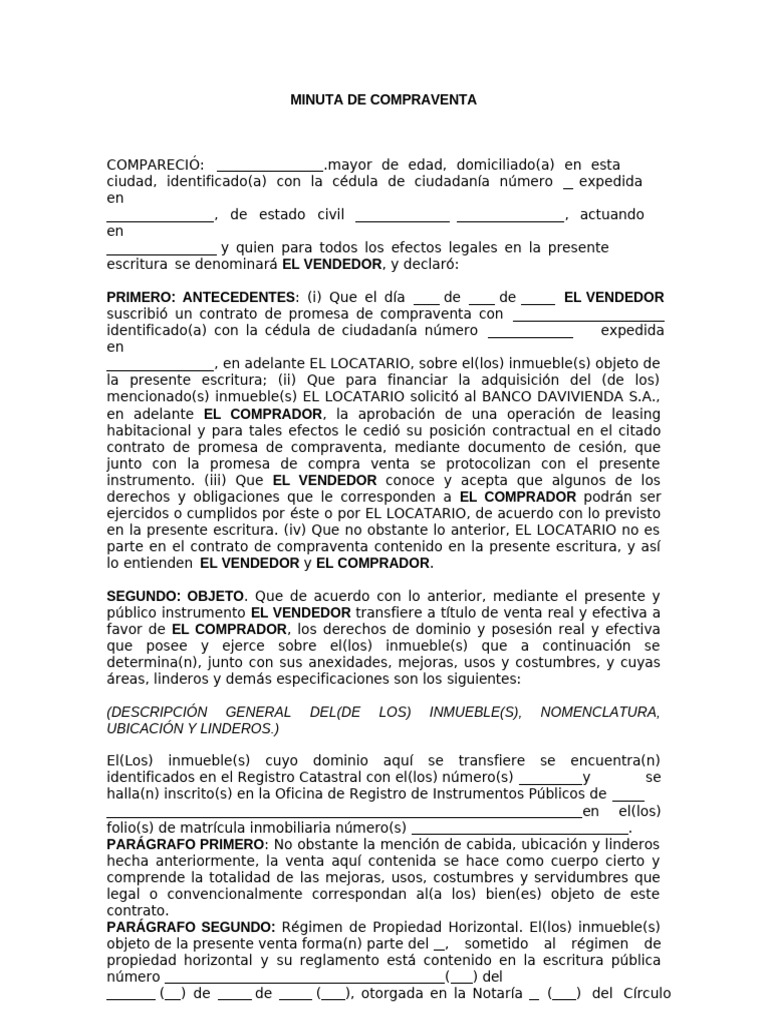 Minuta compra venta (operaciones de leasing habitacional).docx | PDF | Propiedad | Derecho privado