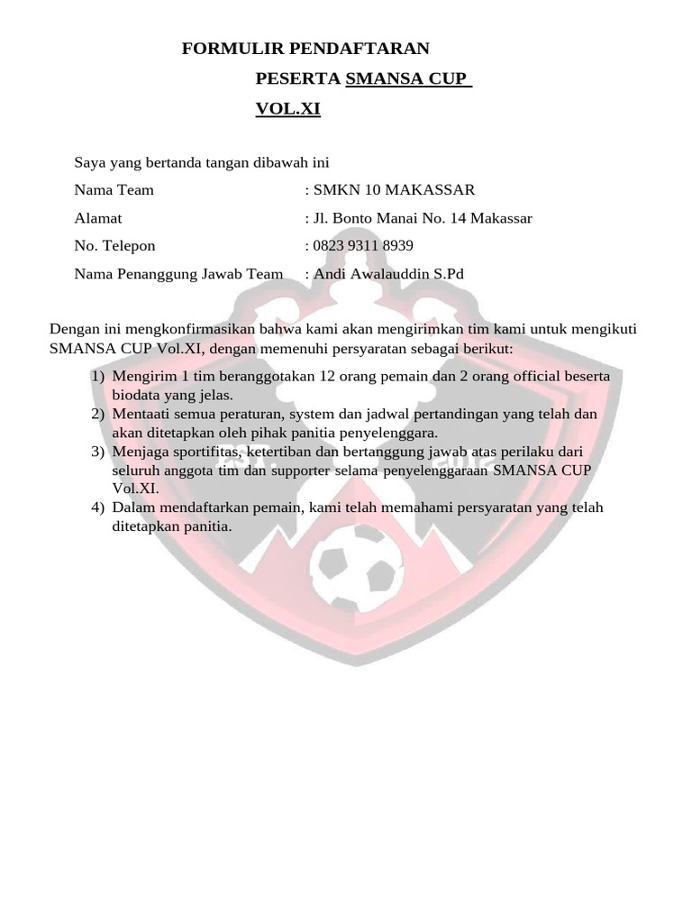 Pendaftaran Tim SMANSA CUP Vol XI | PDF