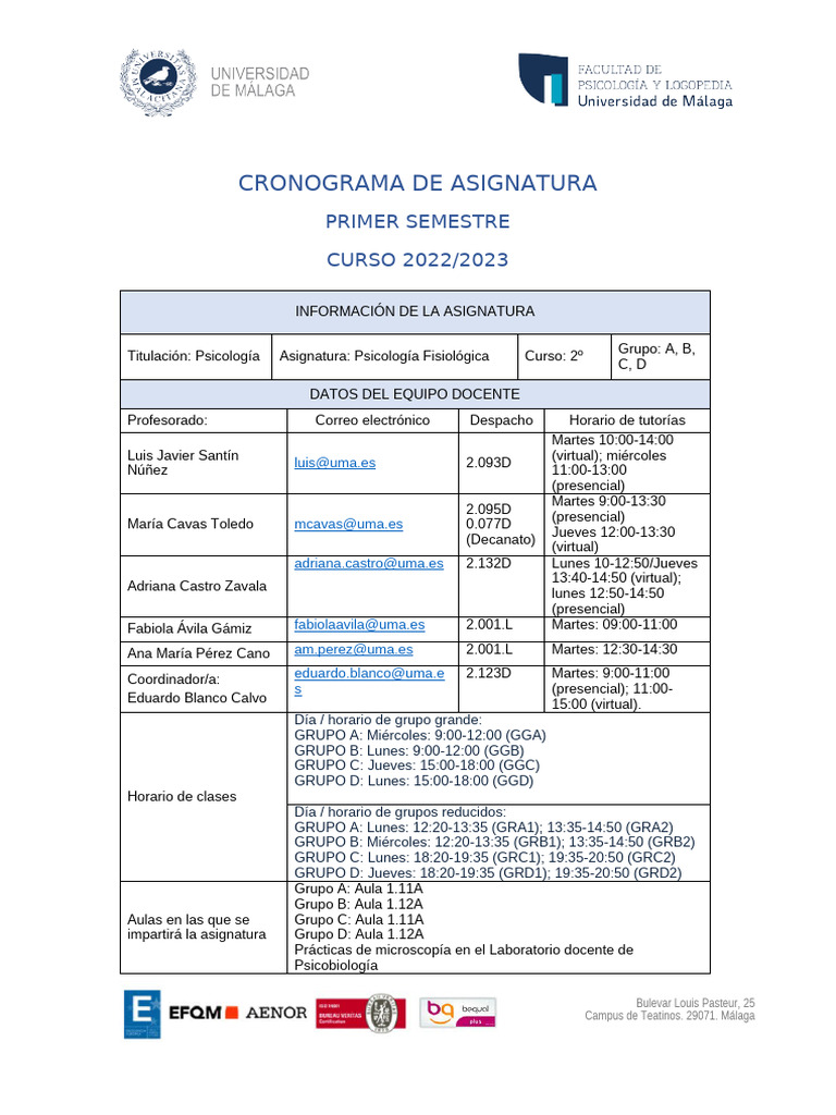 Cronograma de La Asignatura PF 2022 2023 | PDF