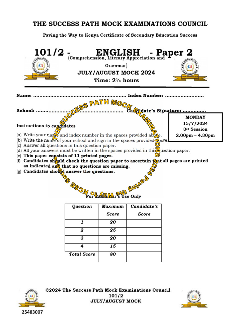 Mock Eng Pp2 Corrected 2024 (Set Book) | PDF | Adolescence