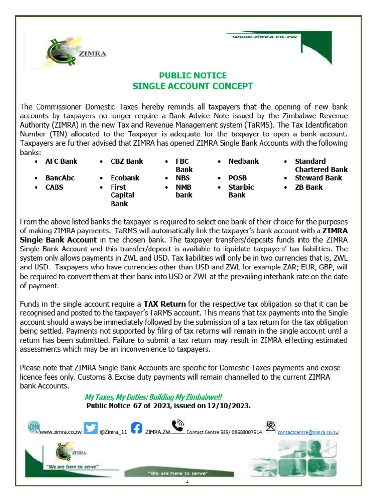 ZIMRA Single Bank Account Guidelines | PDF | Banks | Taxes