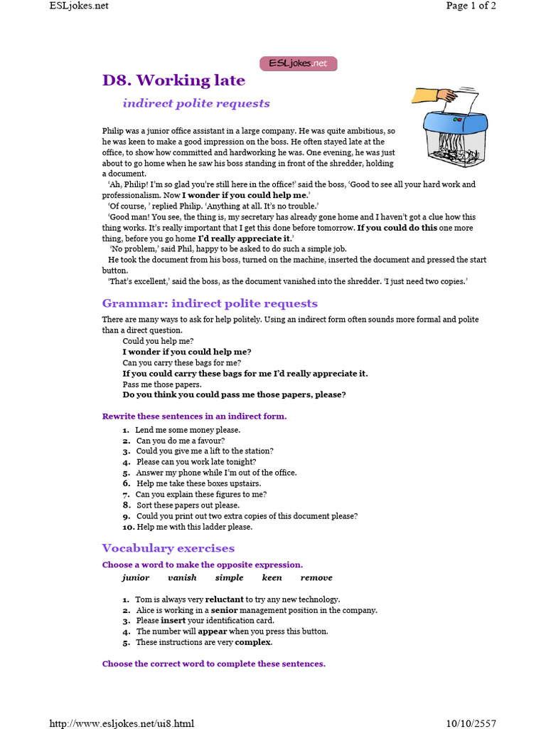 D8. Working Late - Forms For Making Polite Requests | PDF | Self ...