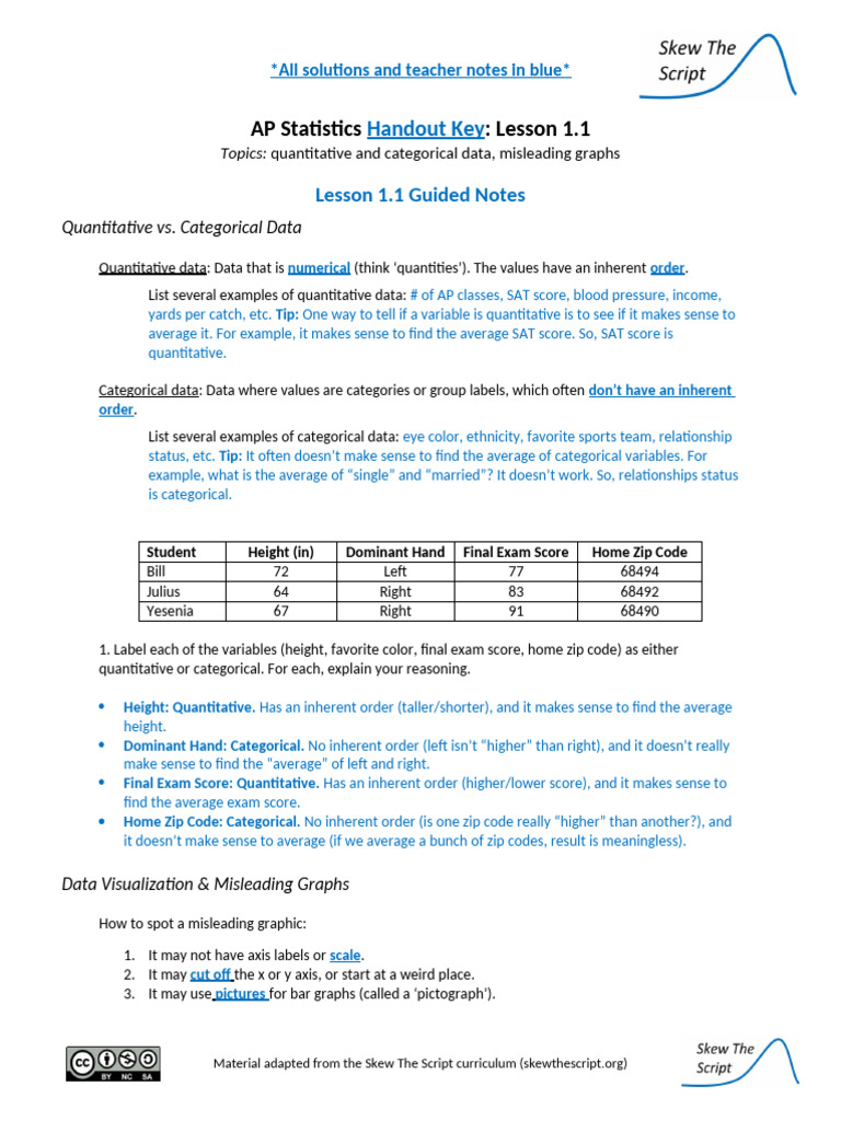 1 1 STS Handout Key | PDF | Categorical Variable